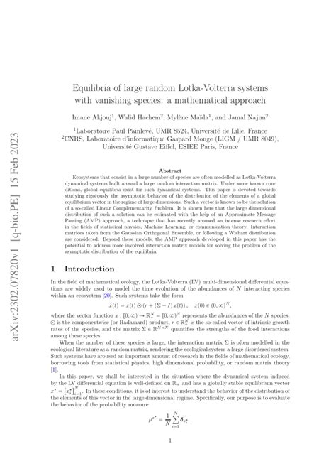 Pdf Equilibria Of Large Random Lotka Volterra Systems With Vanishing Species A Mathematical