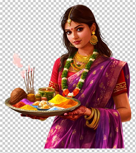 Chhath Puja Woman In Purple Saree With Offerings And Incense Png