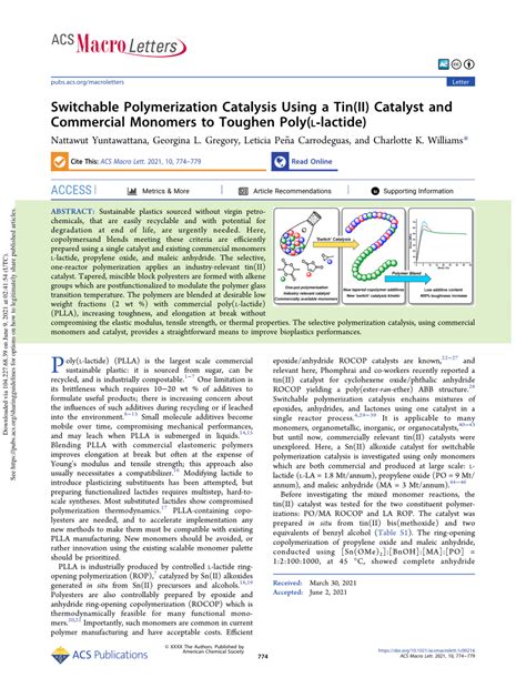 Pdf Switchable Polymerization Catalysis Using A Tinii Catalyst And