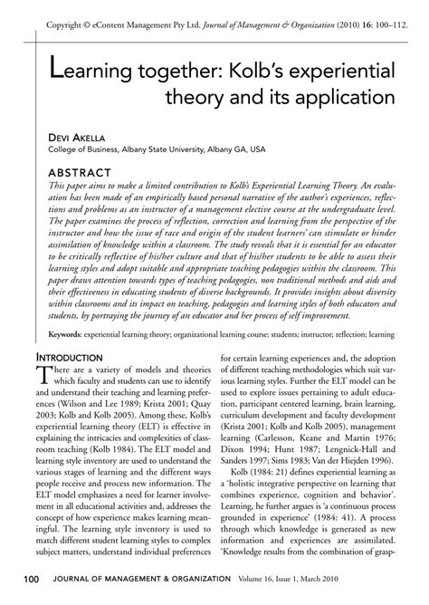 Pdf Learning Together Kolbs Experiential Theory And Its Application