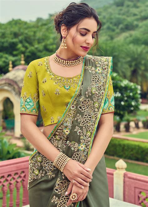 Buy Limed Ash Green Designer Embroidered Satin Silk Saree Online