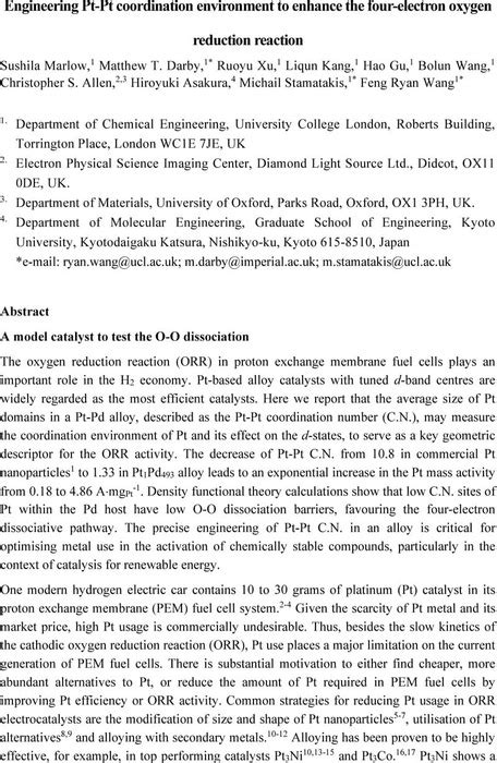 Engineering Pt Pt Coordination Environment To Enhance The Four Electron Oxygen Reduction