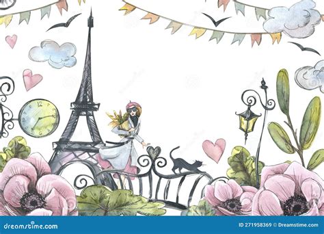 Eiffel Tower With Girl Lantern Bridge And Flowers Watercolor Illustration In Sketch Style