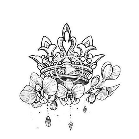 Crown Tattoo Stencil With Orchids And Jewels Black And White Floral