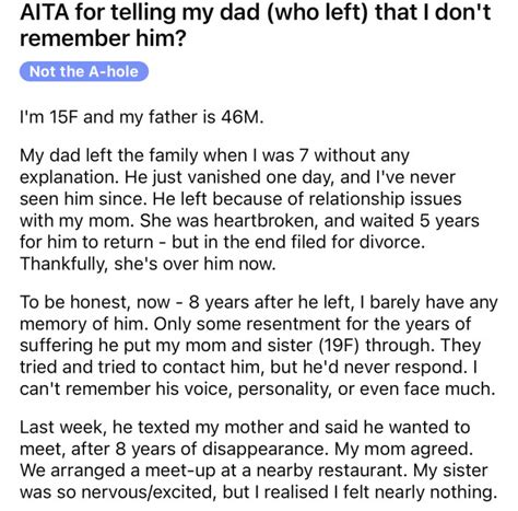 Daughter Sees Her Dad After Years And Asks If She S In The Wrong For How She Reacted To Seeing Him