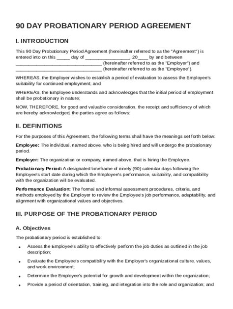 90 Day Probationary Period Agreement Template Form Fill Online