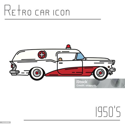 컬러 벡터 아이콘 미국 구급차 자동 Oldtimer 고전적인 1950 년대 스타일 향수 골동품 자동차 구조 메 딕 병원 자동차