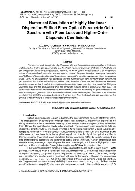 Pdf Numerical Simulation Of Highly Nonlinear Dispersion Shifted Fiber Optical Parametric Gain