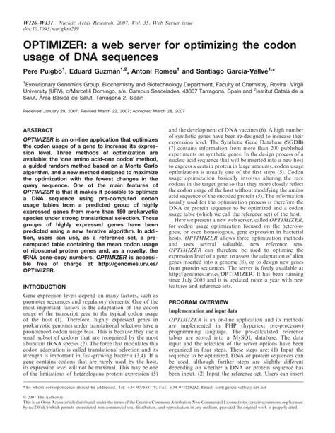 Pdf Optimizer A Web Server For Optimizing The Codon Usage Of Dna