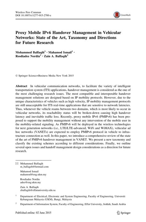 Pdf Proxy Mobile Ipv6 Handover Management In Vehicular Networks State Of The Art Taxonomy