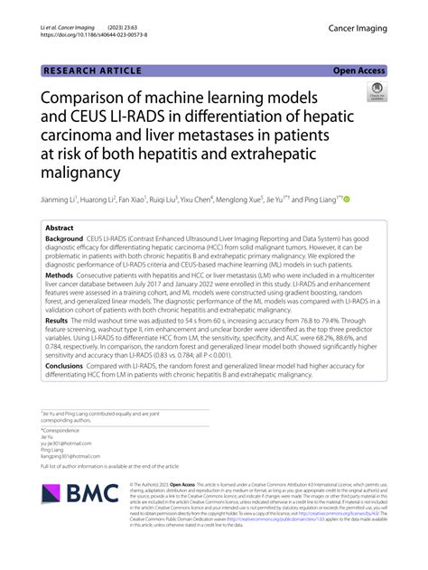 Pdf Comparison Of Machine Learning Models And Ceus Li Rads In Differentiation Of Hepatic
