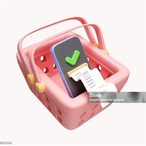 구매와 함께 3d 스마트 폰 영수증 용지를 펼치고 장바구니 가장자리에 드리워져 있습니다 주문 성공 성공 지불 아이콘은 흰색 배경에 분리되어 있습니다 3d 렌더링 그림입니다