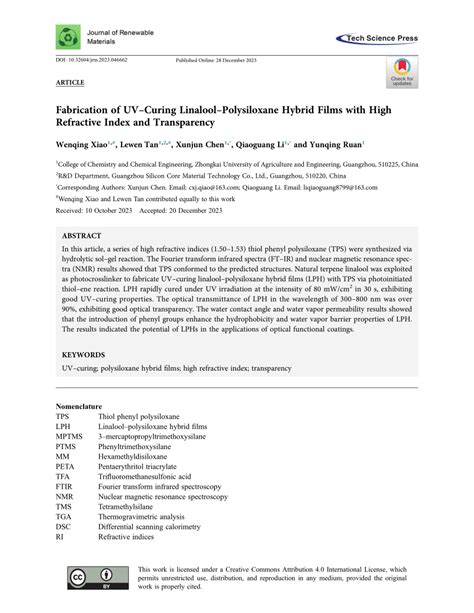 Pdf Fabrication Of Uv Curing Linalool Polysiloxane Hybrid Films With High Refractive Index And