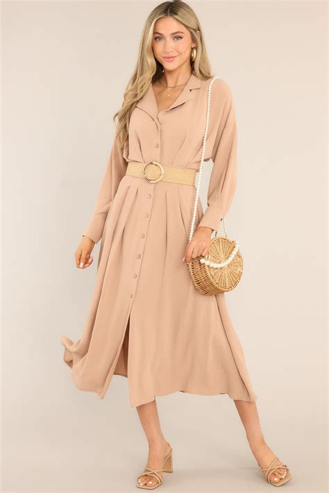 Beige Button Front Midi Dress All Dresses