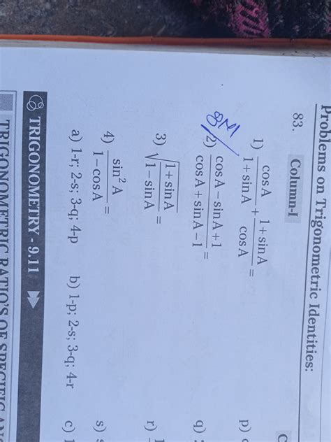 Problems On Trigonometric Identities 83 8m1column Icos A 1 Sin A1