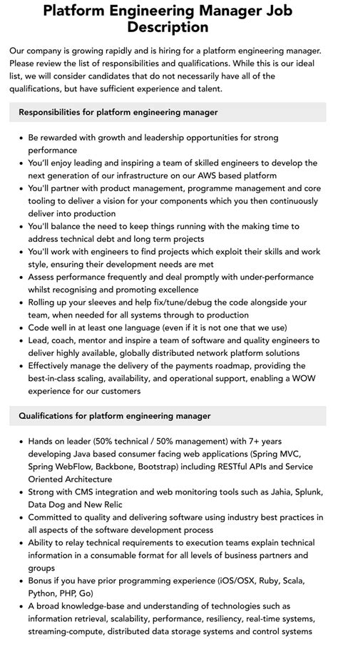 Platform Engineering Manager Job Description Velvet Jobs