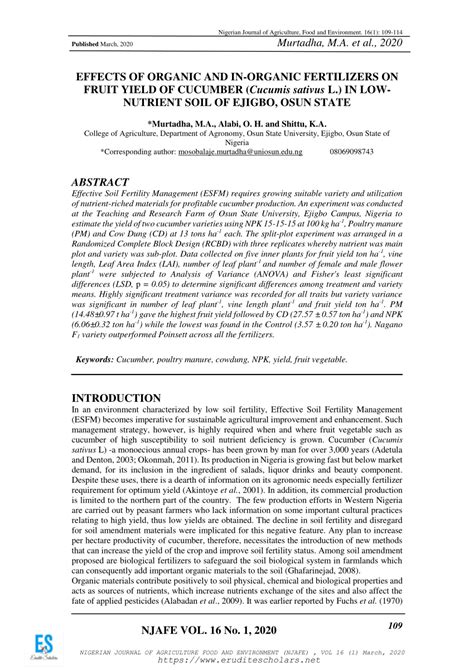 Pdf Effects Of Organic And In Organic Fertilizers On Fruit Yield Of