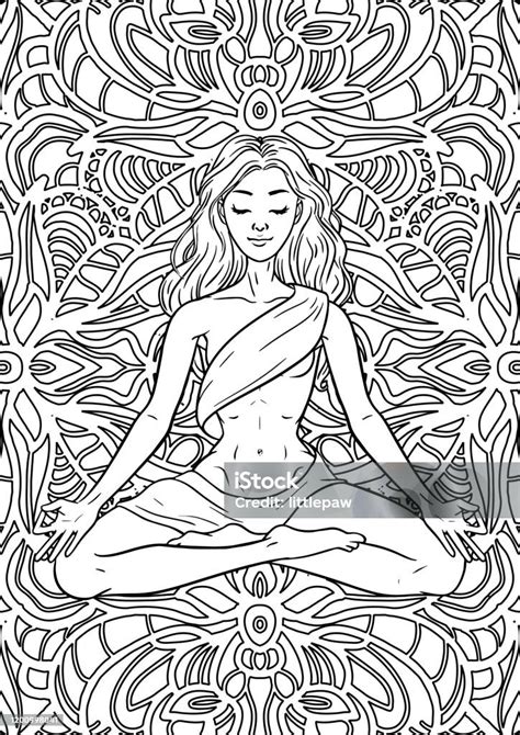 젊은 명상 요기 여자 에 연꽃 포즈 에 만다라 배경 성인 색칠 공부 페이지 벡터 일러스트레이션 만다라에 대한 스톡 벡터 아트 및 기타 이미지 Istock