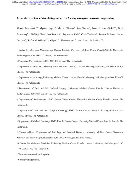 Pdf Accurate Detection Of Circulating Tumor Dna Using Nanopore Consensus Sequencing