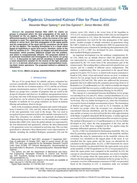 lie algebraic unscented kalman filter for pose estimation pdf
