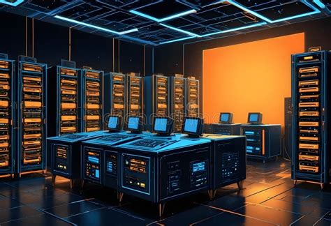 A Server Room With Rows Of Servers And Computer Workstations The Image Is Rendered In A