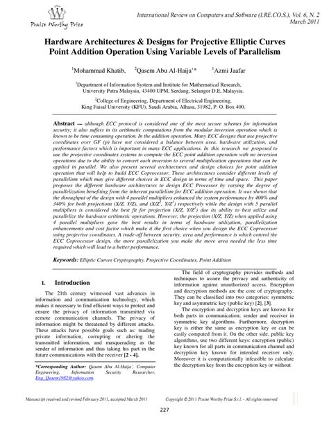Pdf Hardware Architectures And Designs For Projective Elliptic Curves