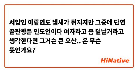 서양인 아랍인도 냄새가 뒤지지만 그중에 단연 끝판왕은 인도인이다 여자라고 좀 덜날거라고 생각한다면 그거슨 큰 오산 은 는 무슨 뜻인가요 한국어 질문 Hinative