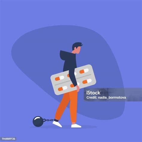 젊은 남성 문자는 걸쇠를 착용 하 고 알 약의 물집을 들고 소진 우울증 항우울제 중독 현대 문제 정신 건강 평면 편집 가능 벡터 일러스트 레이 션 클립 아트 건강관리와