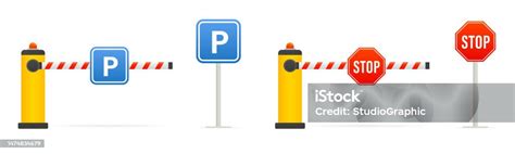 폐쇄 및 개방 자동차 장벽 주차 장벽 게이트 표지판 안전을 위해 깜박이는 불빛이 있는 바리케이드 공원 차고 건설에 들어가기위한 연석 주차 표지판 및 정지 표지판 벡터 그림