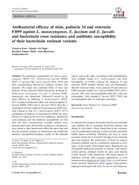 Pdf Antibacterial Efficacy Of Nisin Pediocin 34 And Enterocin Fh99