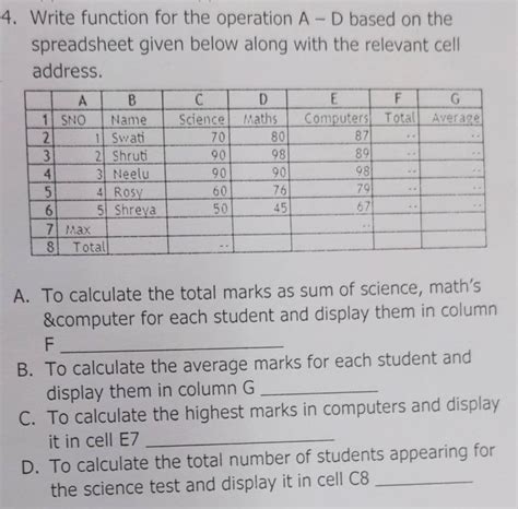 Solved Write Function For The Operation A D Based On The Spreadsheet