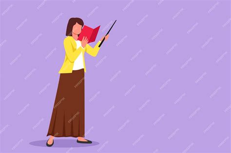 만화 플랫 스타일 그리기 교실 앞에 열린 책 포인터를 들고 서 있는 아름다운 여성 교사가 강의 수업을 가르치고 있습니다 대학