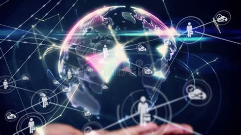 animation of network of digital icons and globe of plexus networks over