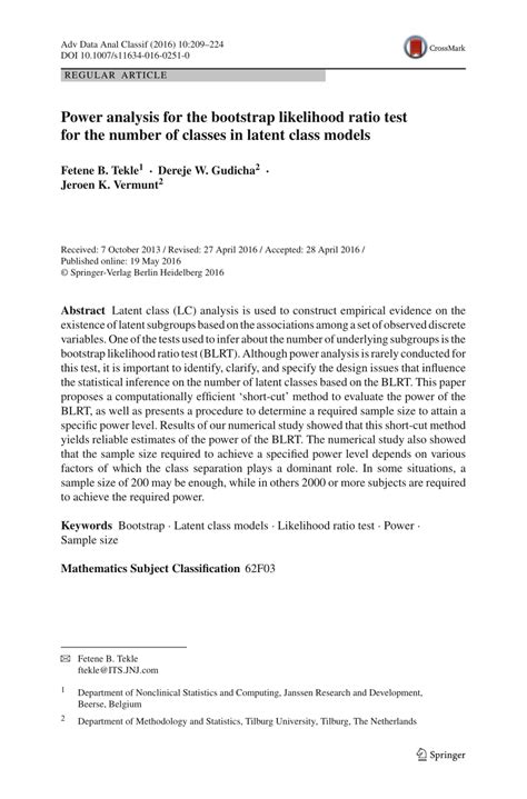 Pdf Power Analysis For The Bootstrap Likelihood Ratio Test For The Number Of Classes In Latent
