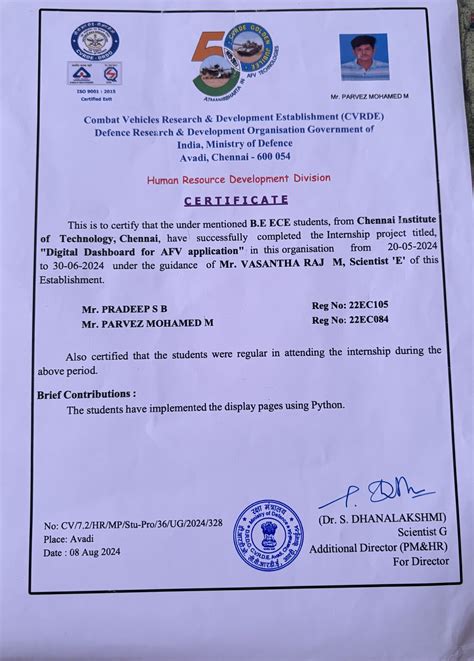 Parvez Mohamed On Linkedin Thrilled To Have Completed My Internship At Combat Vehicle Research And