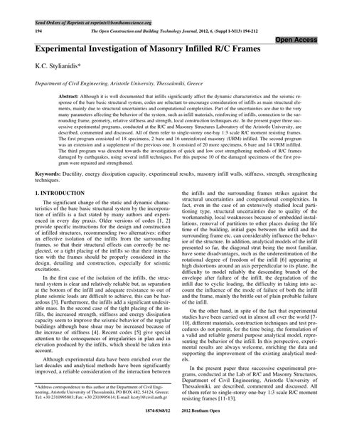 Pdf Experimental Investigation Of Masonry Infilled Rc Frames