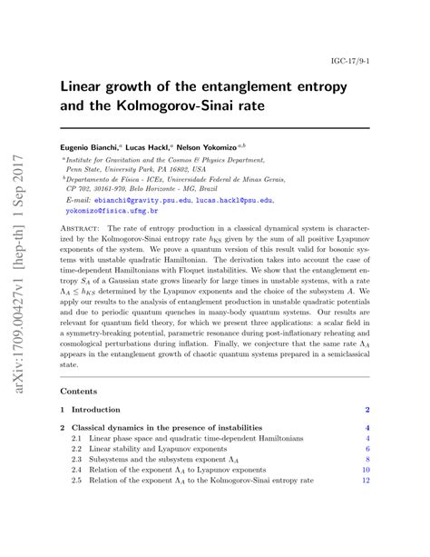 Pdf Linear Growth Of The Entanglement Entropy And The Kolmogorov Sinai Rate