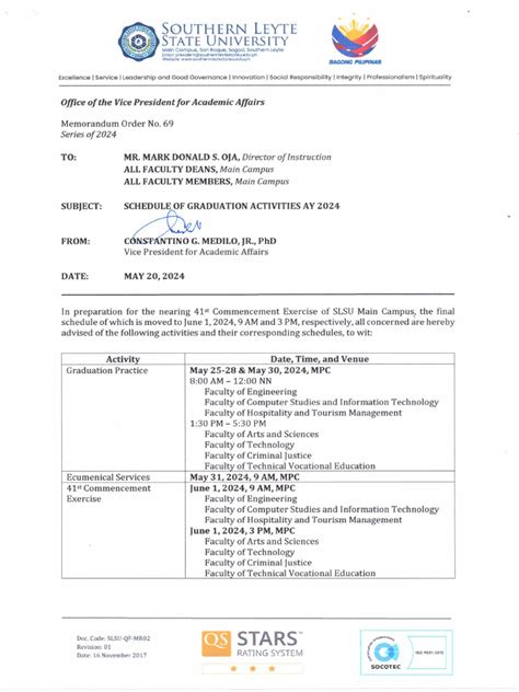 Ovpaa Memo 69 Schedule Of Graduation Activities Ay 2024 Pdf
