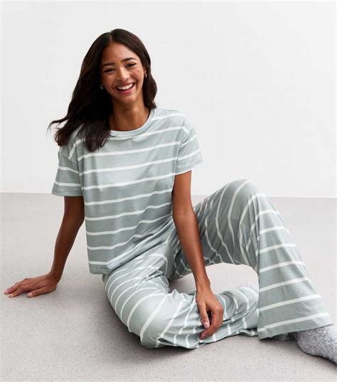 Grey Striped Long Pyjama Set New Look
