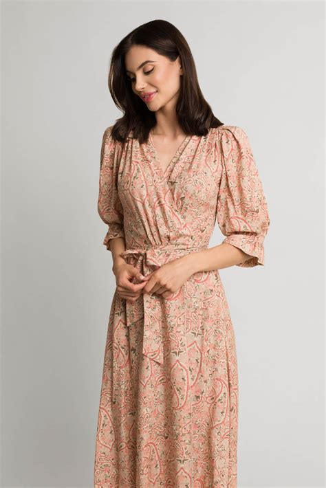 Beżowa Kopertowa Przekładana Sukienka Midi W Stylu Boho Z Bufiastym Rękawem Daisy By Swing Swing