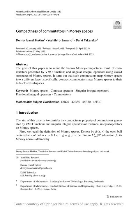 Compactness Of Commutators In Morrey Spaces Request Pdf