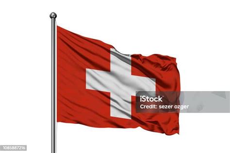 격리 된 흰색 배경 바람에 물결치는 스위스의 국기 스위스 플래그입니다 스위스 국기에 대한 스톡 사진 및 기타 이미지 스위스