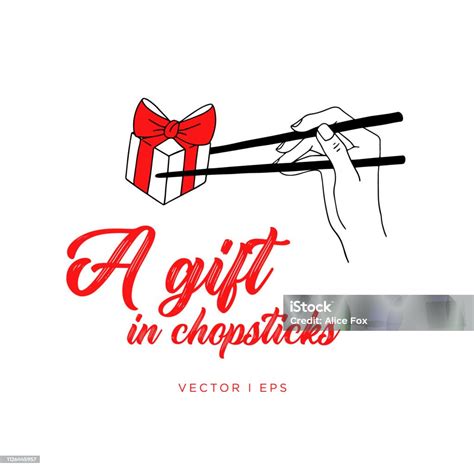 젓가락에서 선물 상자 여자 손으로 잡으십시오 라인 아트 간단한 손으로 그린 그림 아시아 음식을 먹는 및 선물 개념을 제시