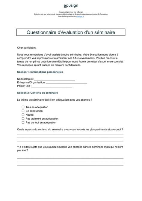 Modèle De Questionnaire Positionnement En Formation Edusign