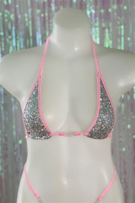Siren Doll Bikini Top Dence Sequin Silver With Custom
