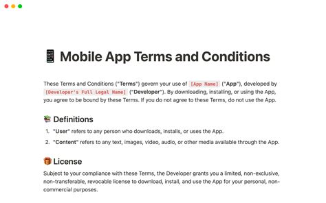 Mobile App Terms And Conditions Template Notion Marketplace