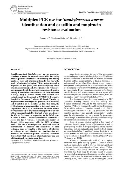 Pdf Multiplex Pcr Use For Staphylococcus Aureus Identification And Oxacillin And Mupirocin