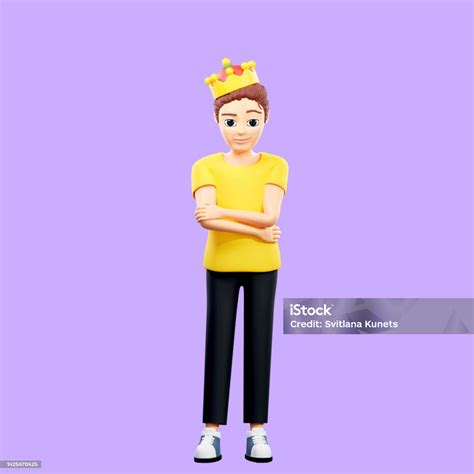 왕관에있는 인간의 래스터 그림 노란 티셔츠에 젊은 남자 힘 왕국 선물 금 유물 권력의 상징 궁전 성 왕의 피 왕좌의 상속인 3d