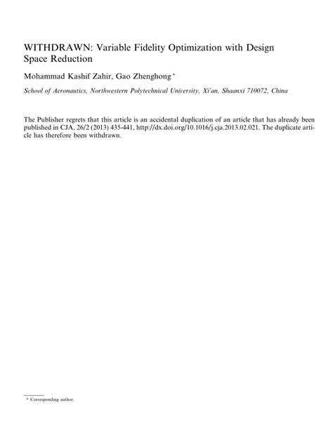 Pdf Withdrawn Variable Fidelity Optimization With Design Space Reduction