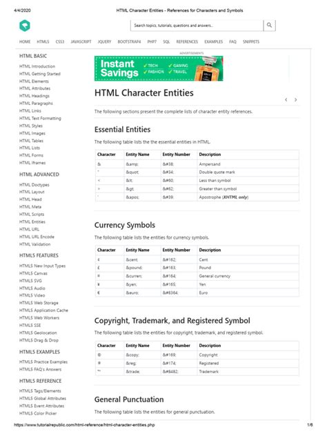 Html Character Entities References For Characters And Symbols Pdf Html Greek Alphabet
